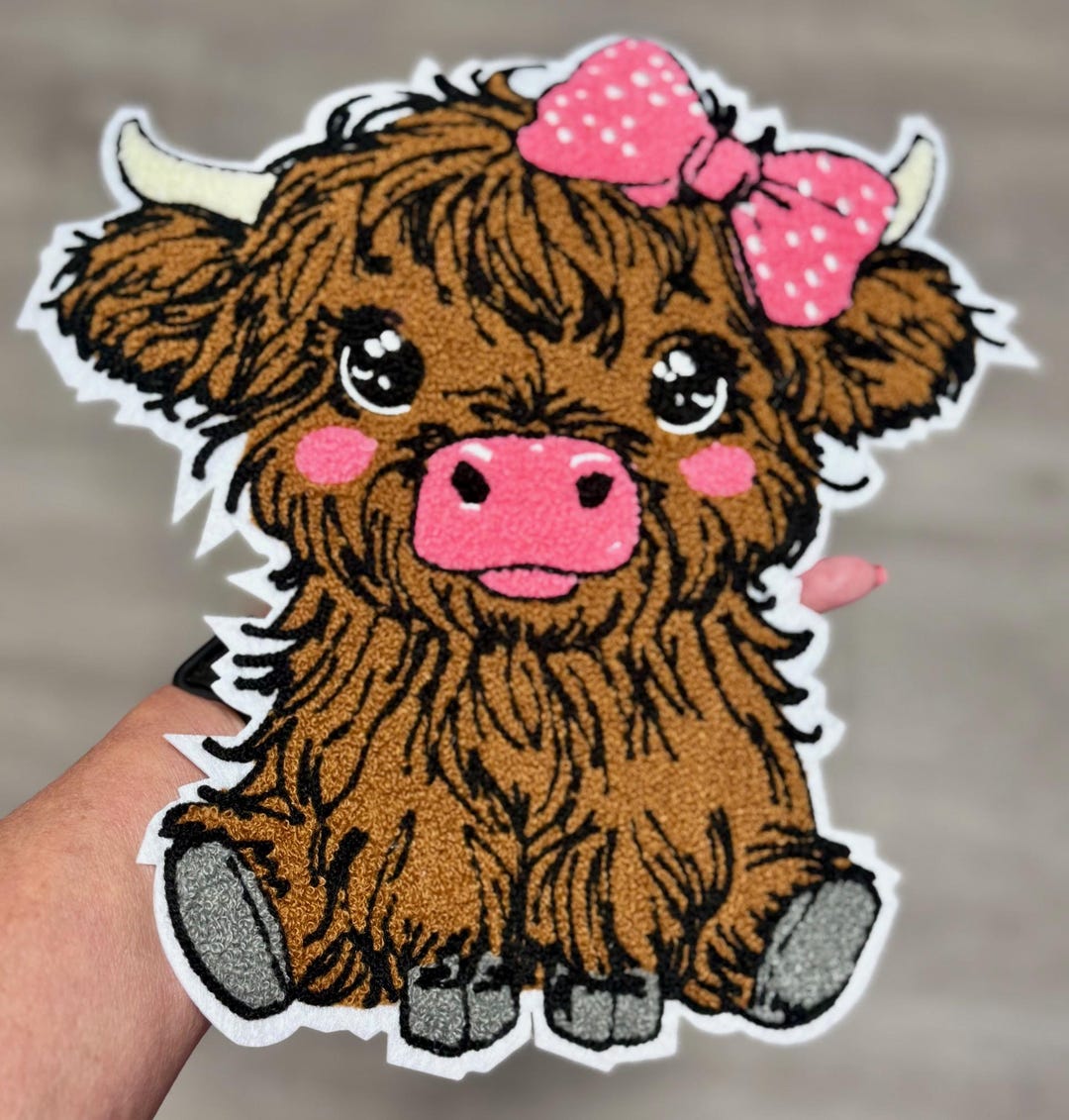 Chenille Highland Cow Patch: Pink Bow, Iron-on Applique (11 In) - Etsy