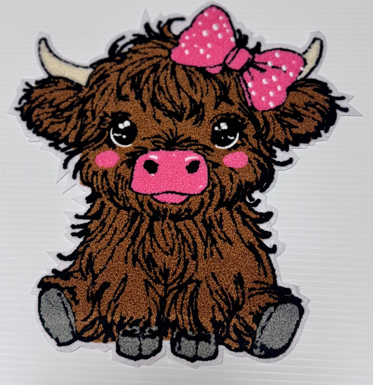 Chenille Highland Cow Patch: Pink Bow, Iron-on Applique (11 In) - Etsy