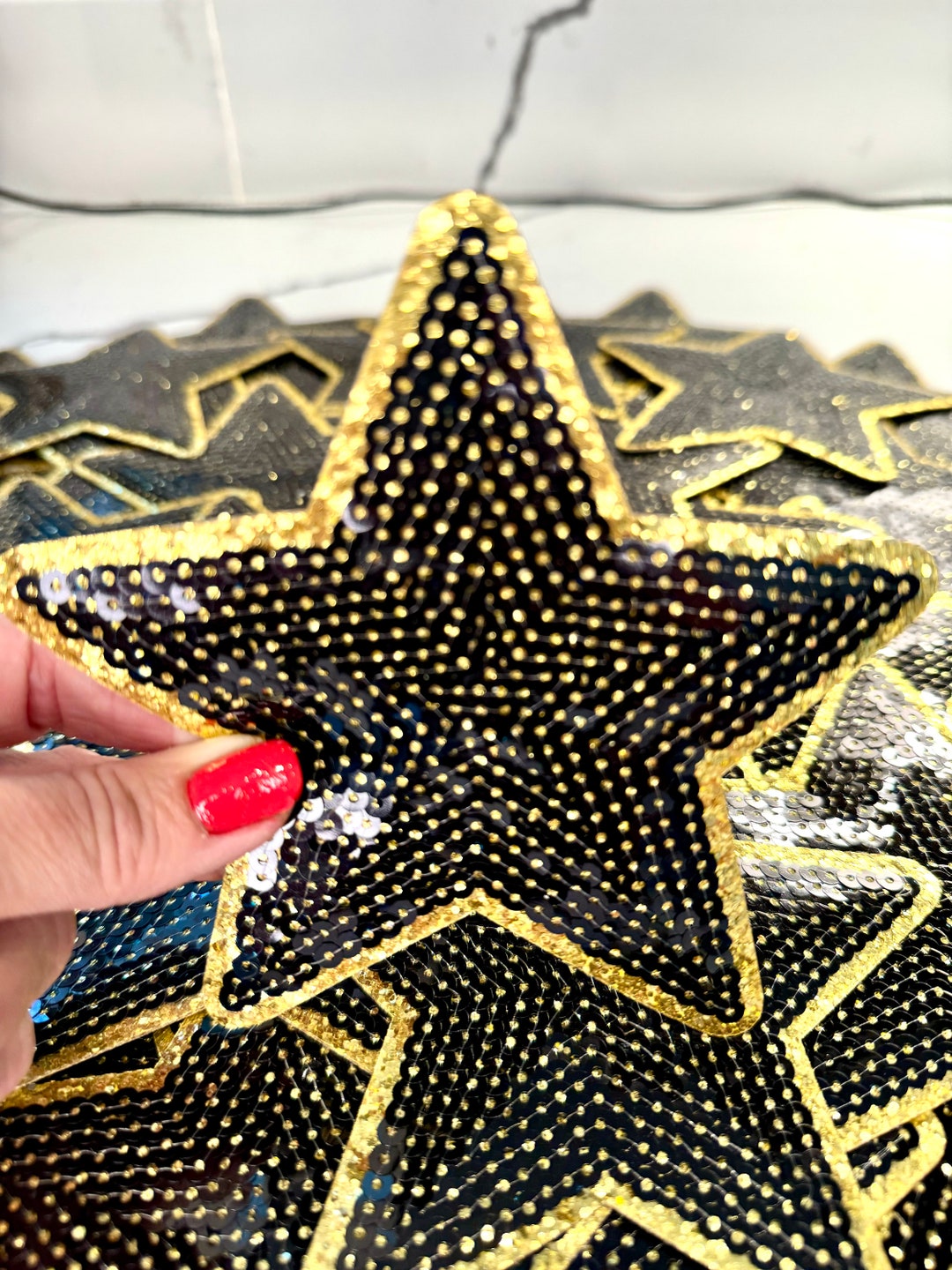 Black and Gold Sequin Star Patch: Iron-on Applique (5 Inch) - Etsy