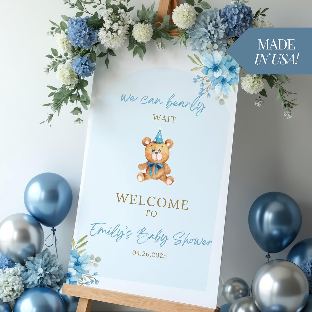 Teddy Bear Welcome Sign for Baby Shower We Can Bearly Wait Boy Baby ...
