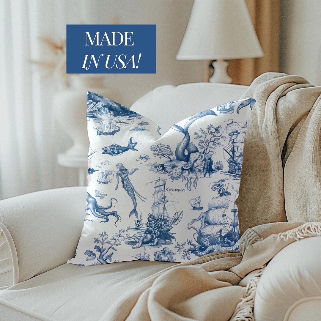 Nautical Toile Pillow Coastal Decor Cushion Sea Theme Throw Pillow ...