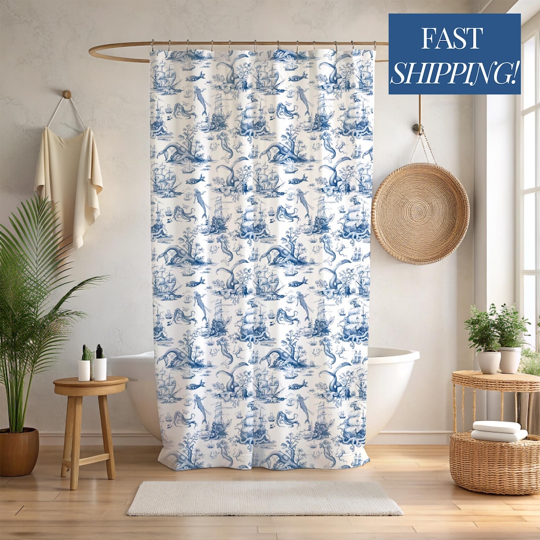 Nautical Toile Shower Curtain Coastal Bathroom Decor Beach House Shower ...