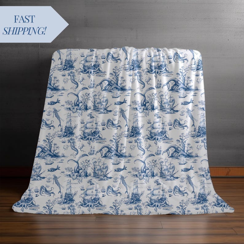 Nautical Toile Fleece Blanket Sea Theme Soft Throw Coastal Bedding ...