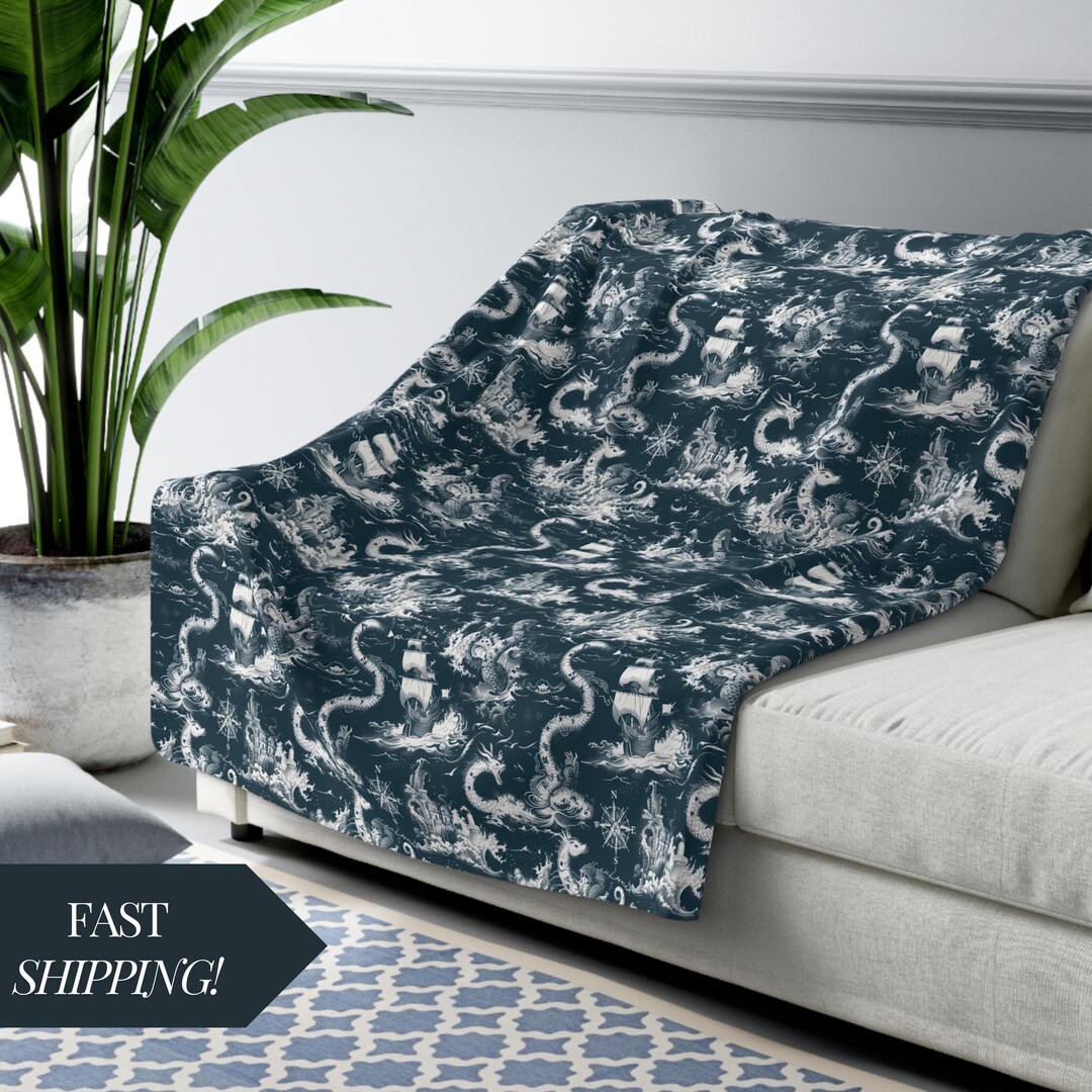 Nautical Toile Fleece Blanket Sea Pattern Bed Throw Coastal Decor ...