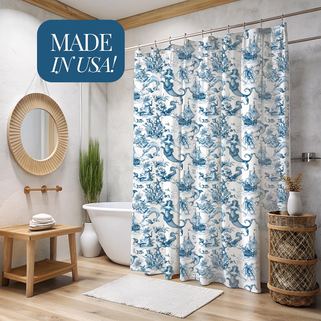 Nautical Toile Shower Curtain Coastal Bathroom Decor Toile Powder Blue ...