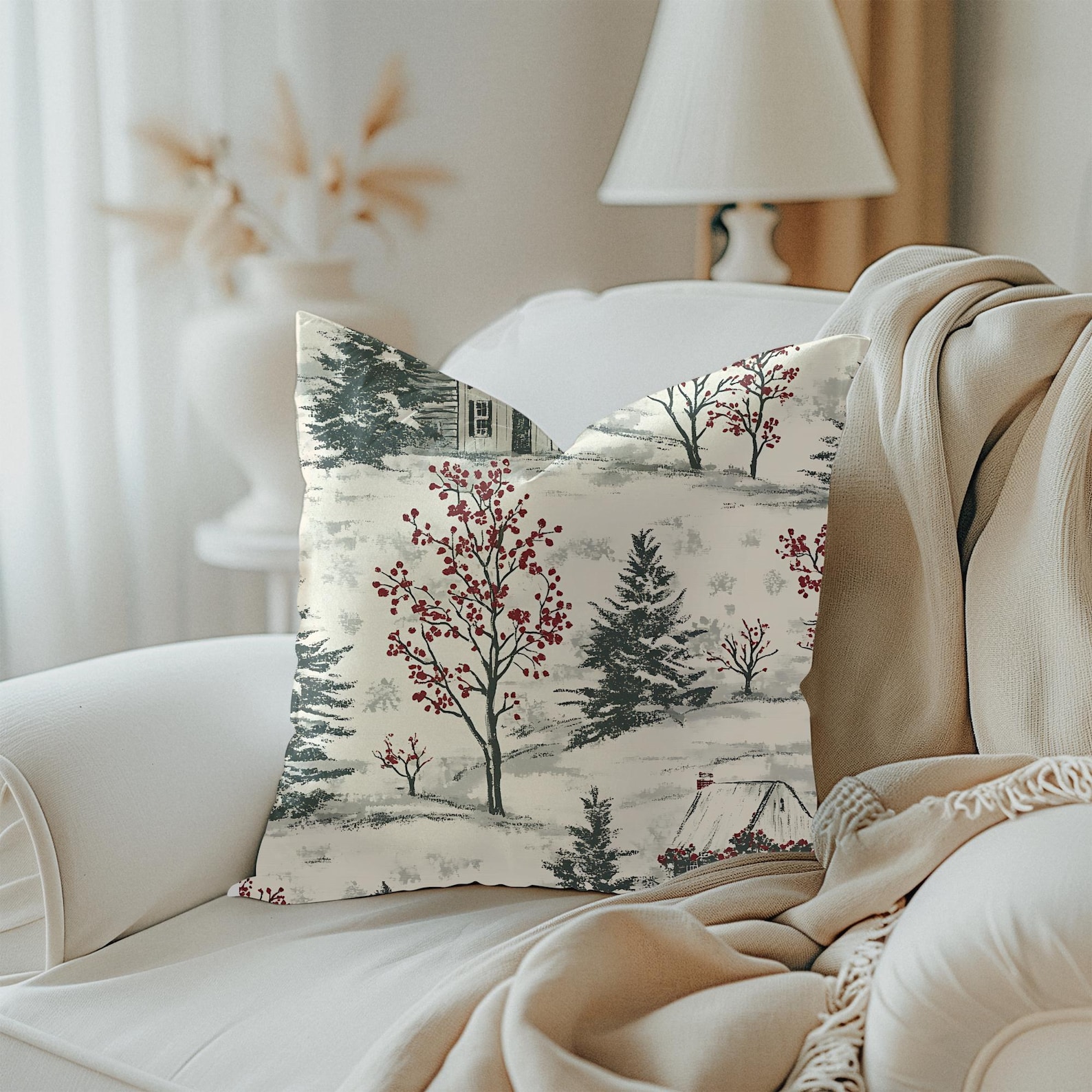 Winter Toile Pillow Holiday Decor Farmhouse Winter Scene Cushion ...