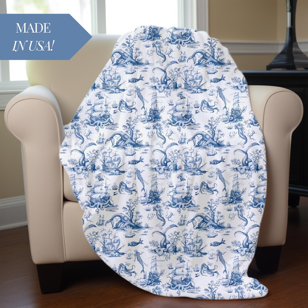 Nautical Toile Fleece Blanket Sea Theme Soft Throw Coastal Bedding ...