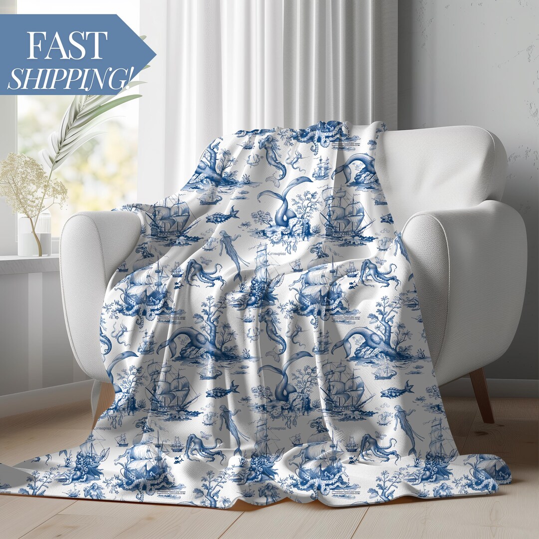 Nautical Toile Fleece Blanket Sea Theme Soft Throw Coastal Bedding ...