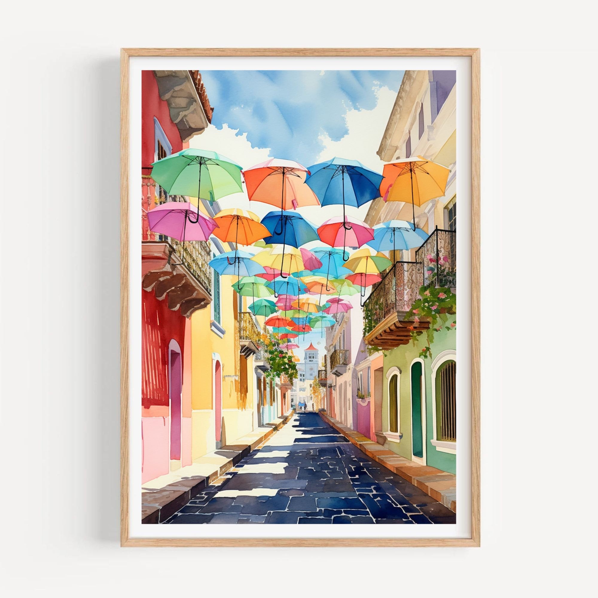 San Juan Street Watercolor Art Print, Colorful Umbrellas, Puerto Rico ...