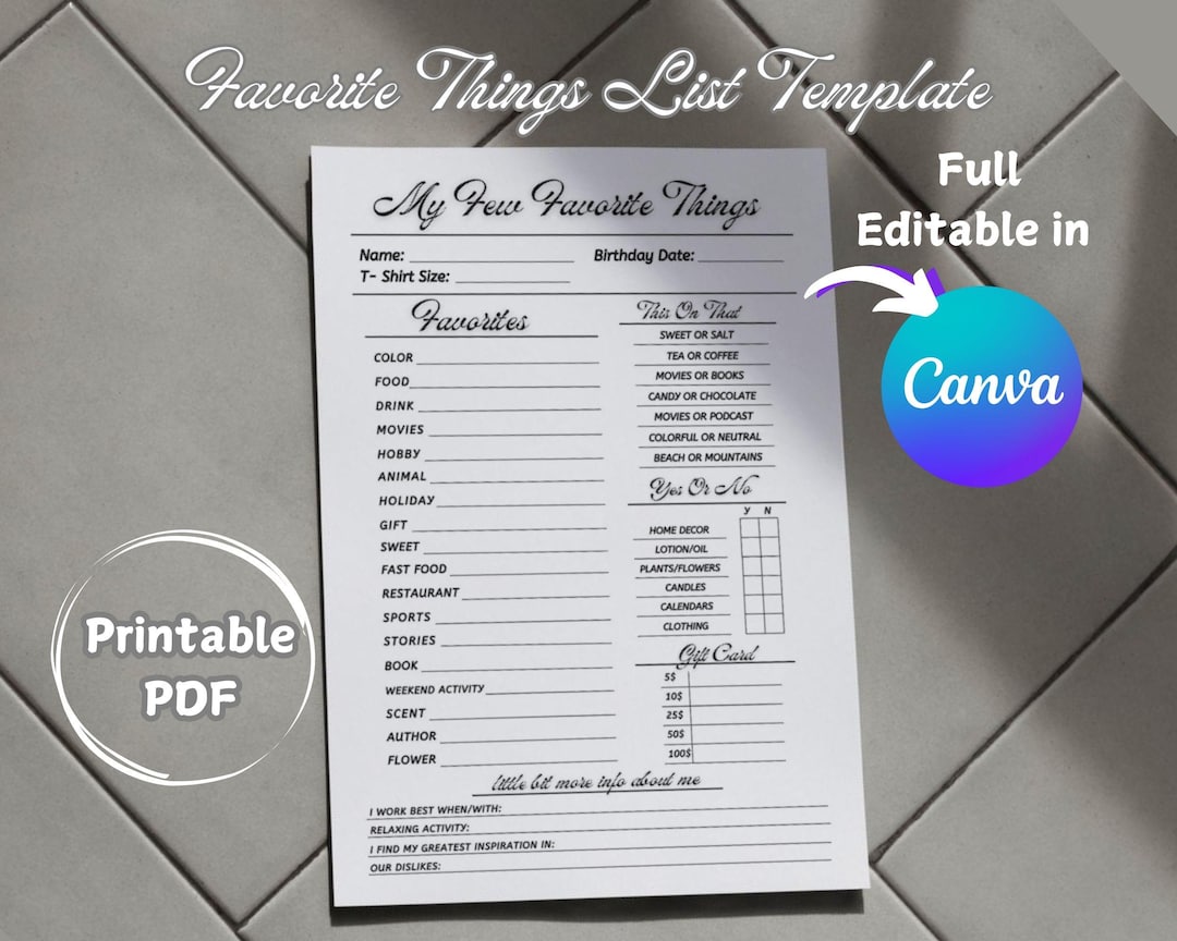 Printable Coworker Favorite Things List, Employee Favorites List ...