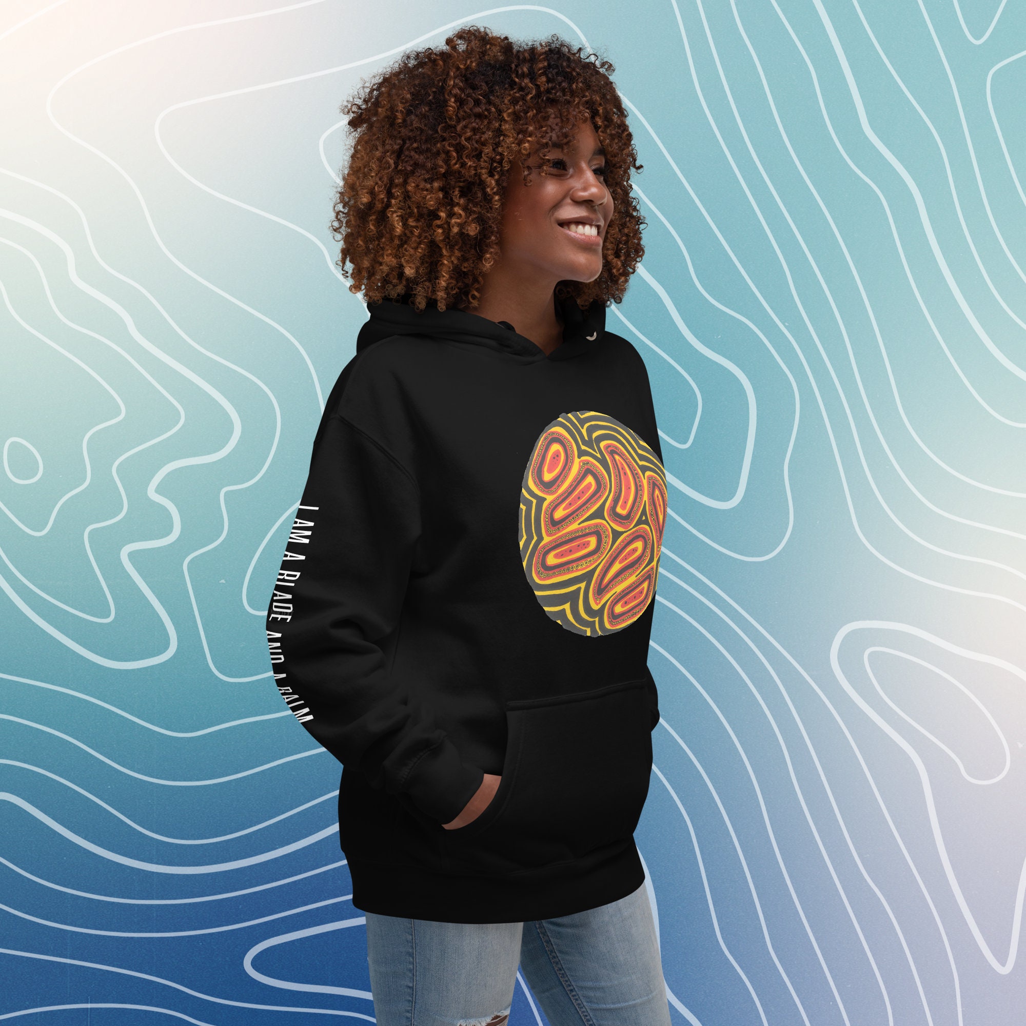 INITIATION, Abstract Contour Line Black Hoodie, Red Yellow Black Bindu ...
