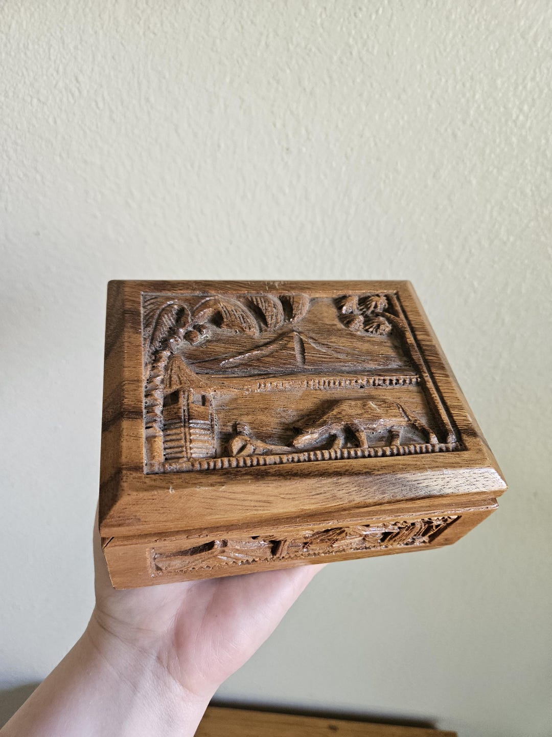 Vintage Wooden Box: With Scenes of Southeast Asian Village Carved Into ...