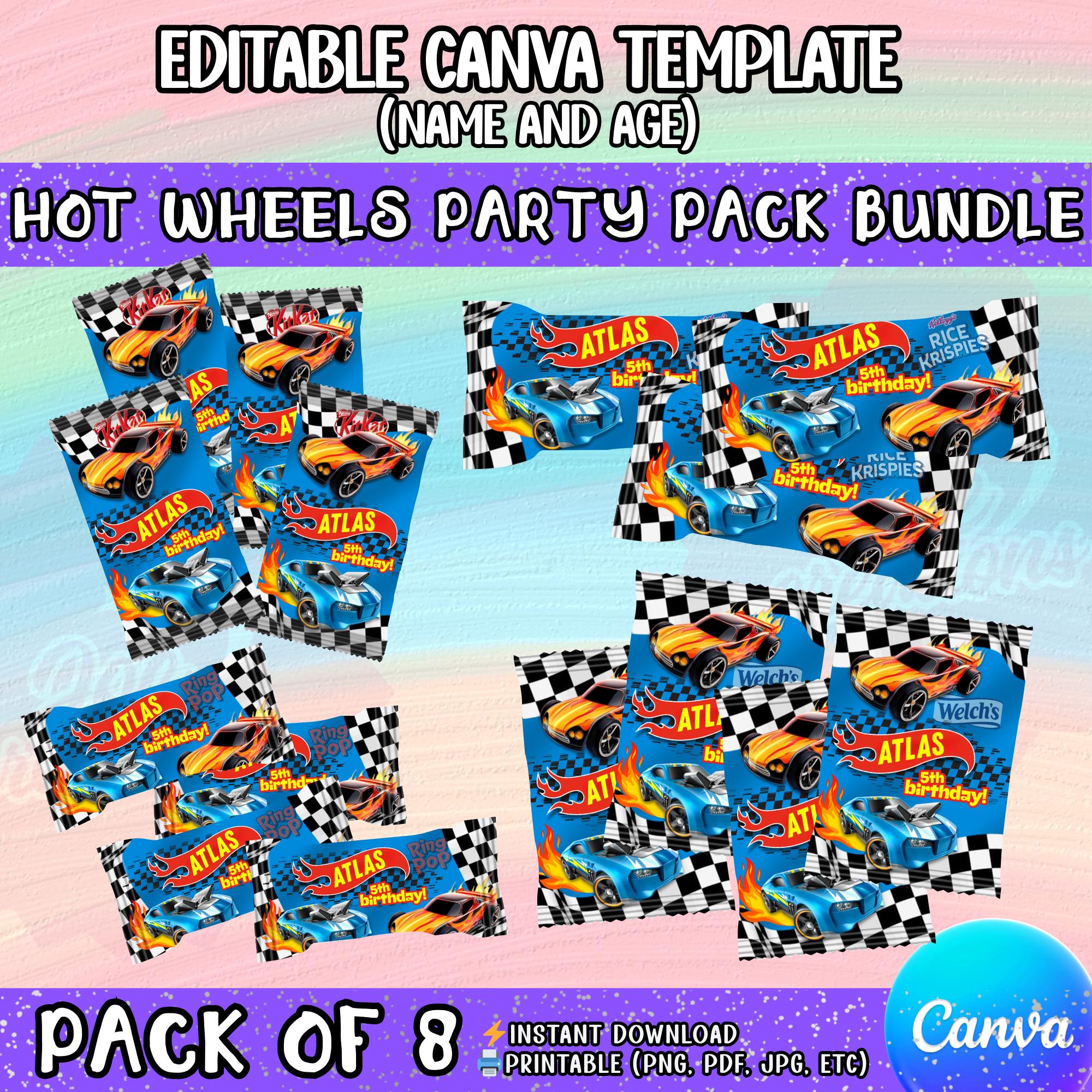 Hot Wheels Birthday Party Templates: Chip Bag, Water Bottle (canva ...
