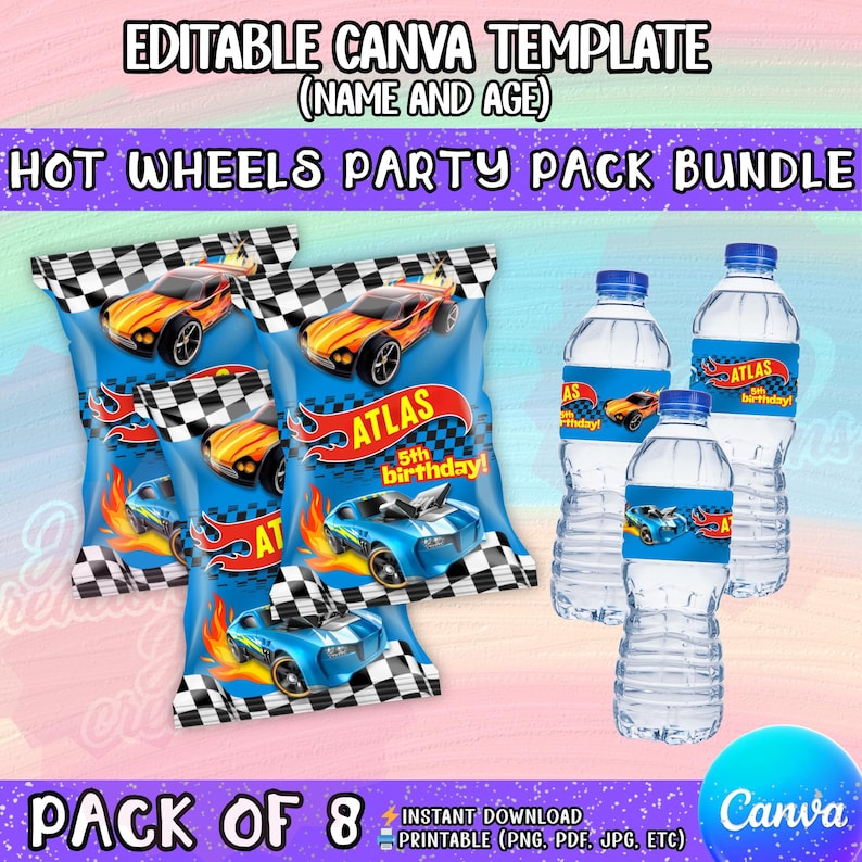 Hot Wheels Birthday Party Templates: Chip Bag, Water Bottle (canva ...