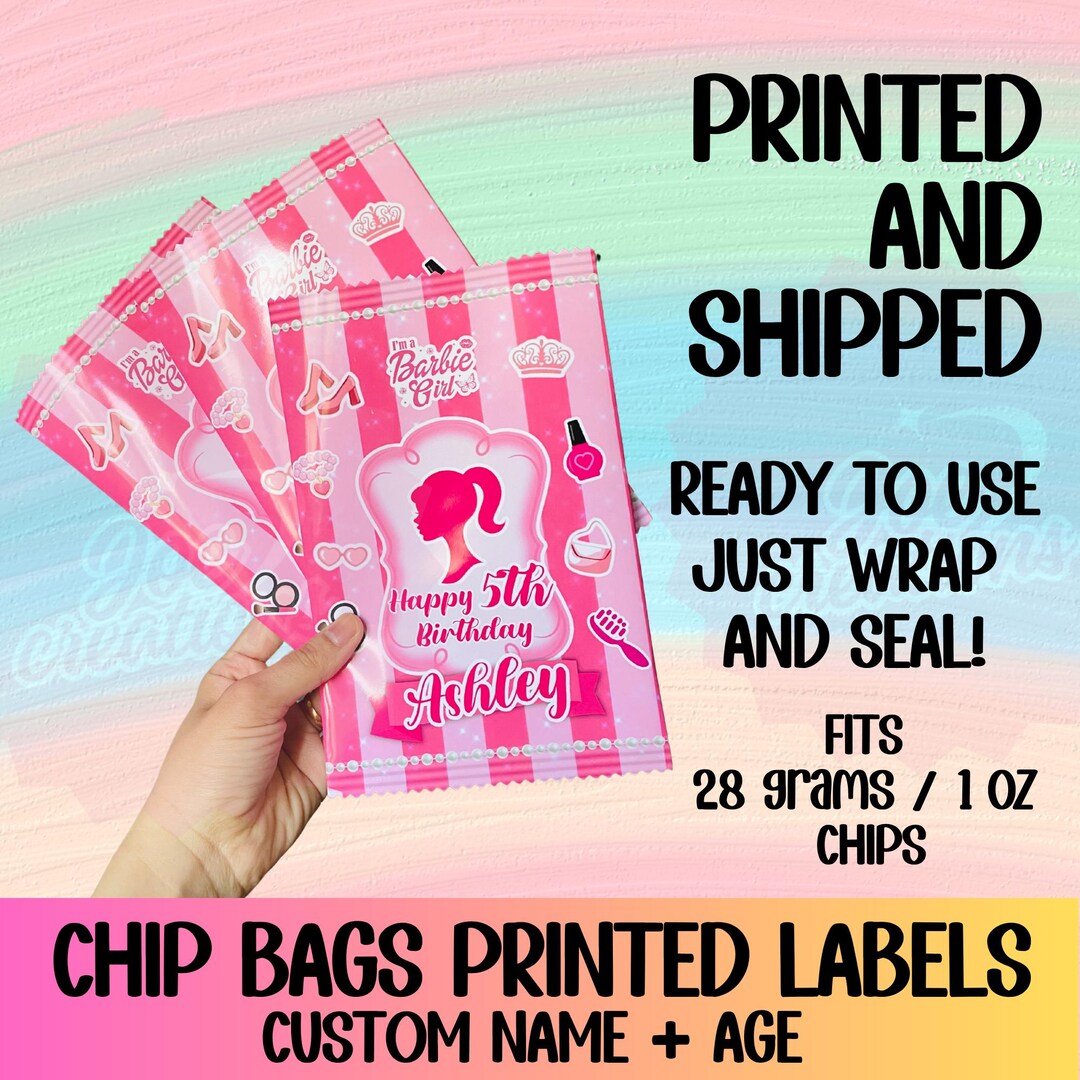 Custom Printed Barbie Chip Bag Labels – Barbie Birthday Party Favor ...