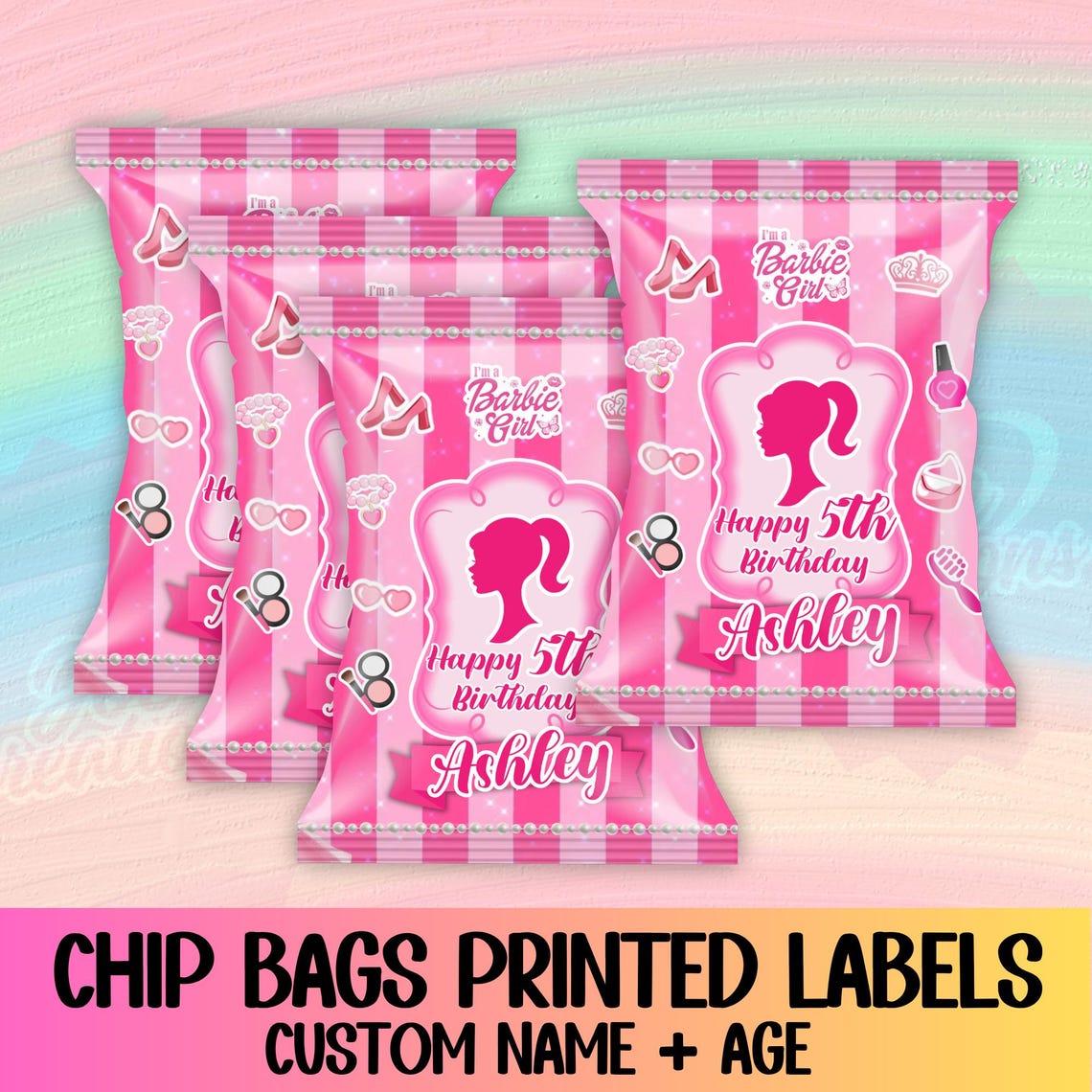 Custom Printed Barbie Chip Bag Labels – Barbie Birthday Party Favor ...