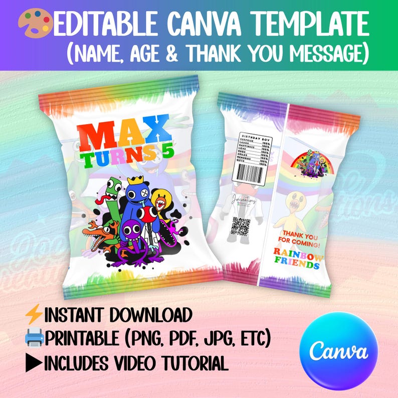 Rainbow Friends Birthday Chip Bag Template: Editable Canva Label ...