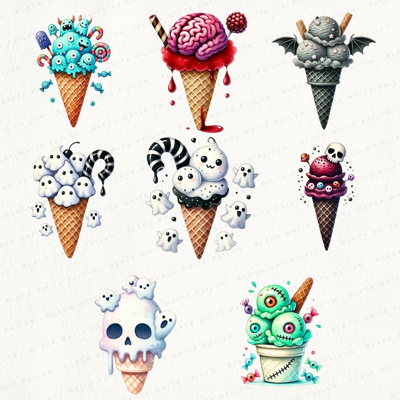 Halloween Ice Cream Cone Clipart Set, Spooky Dessert PNG Files, Cute ...