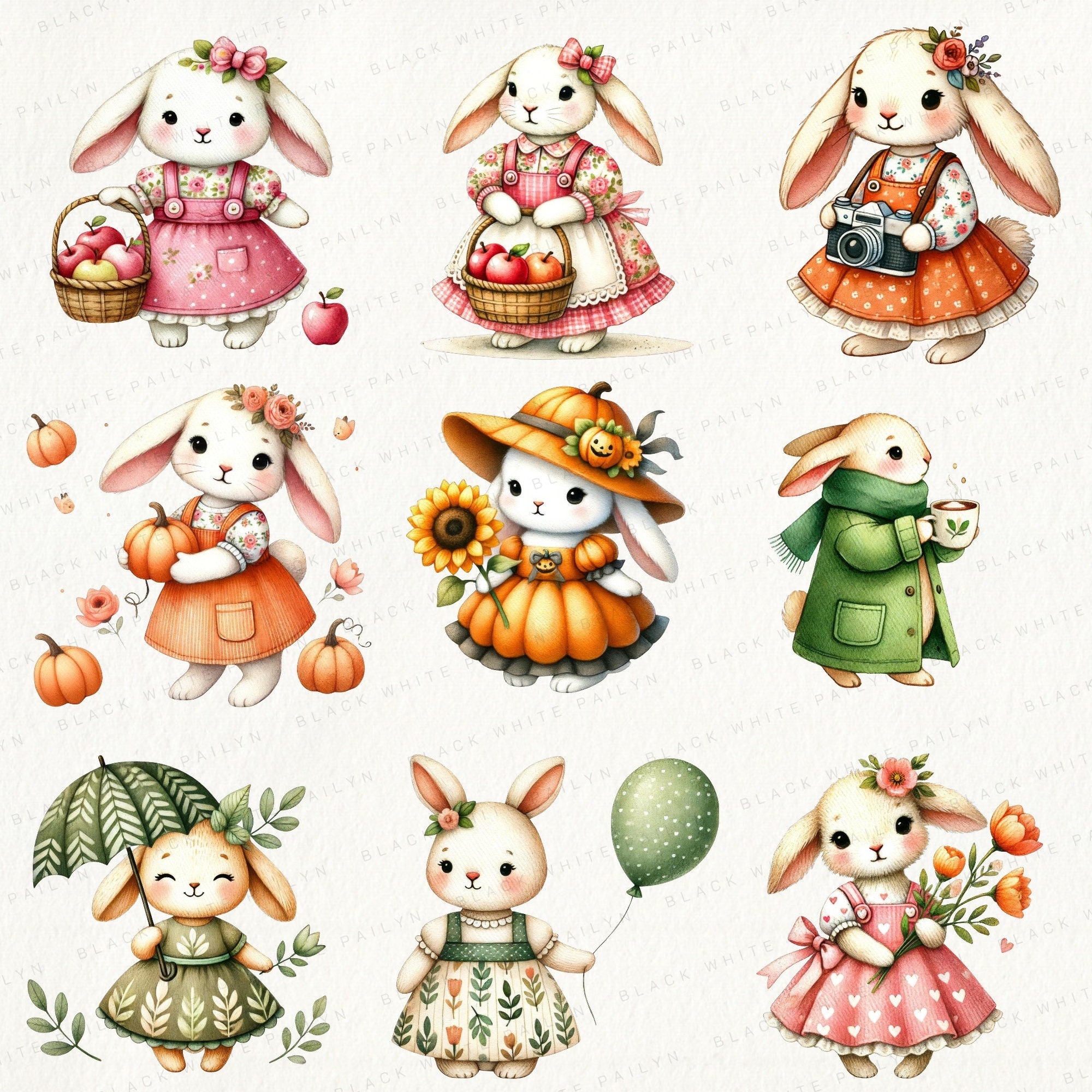 Adorable Watercolor Rabbit Clipart Set, Cute Bunny Illustrations for ...