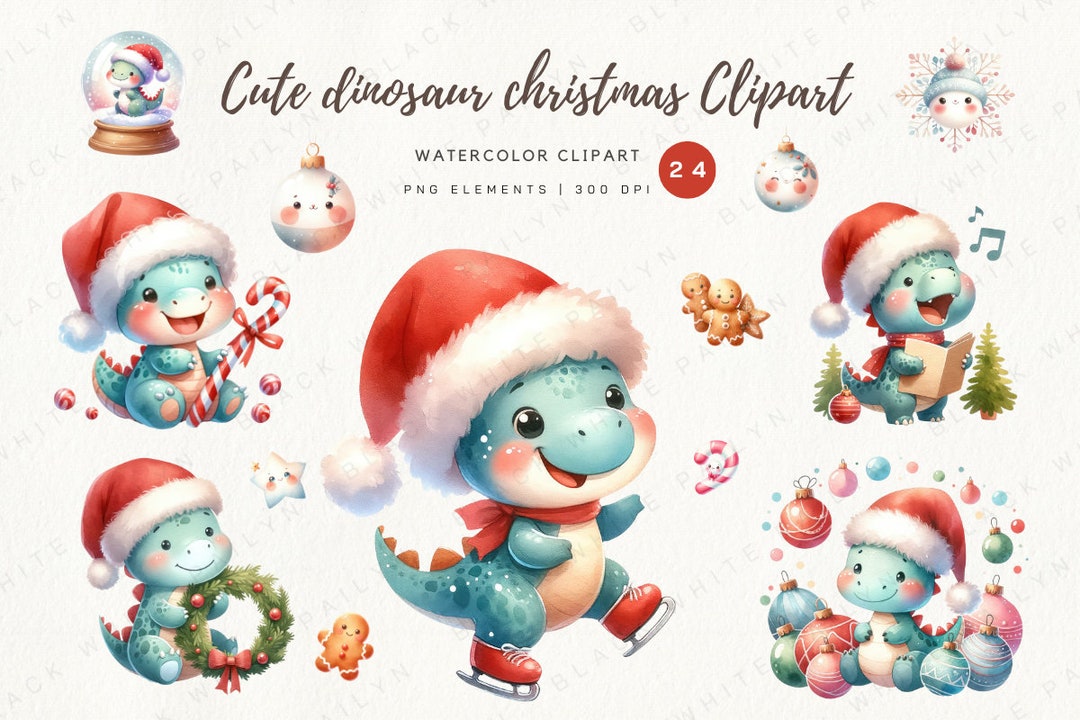 Cute Dinosaur Christmas Watercolor Clipart, Watercolor Dinosaur Png ...
