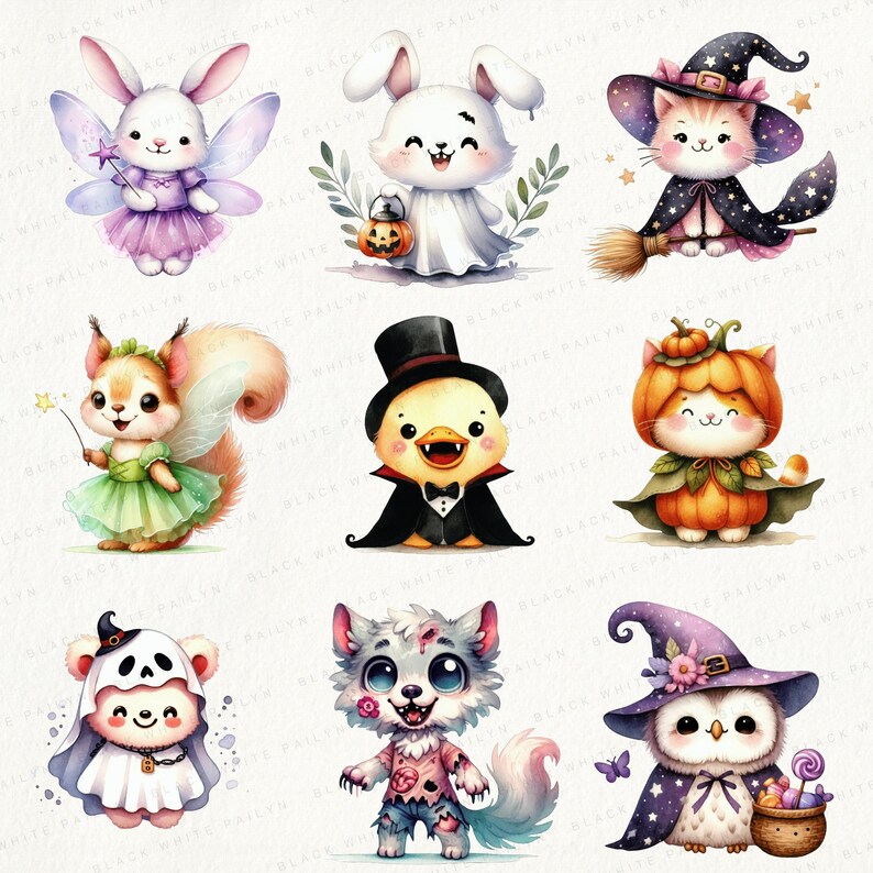 Animals Halloween Clipart,watercolor,ghost,vampire,wizard,png,cute ...