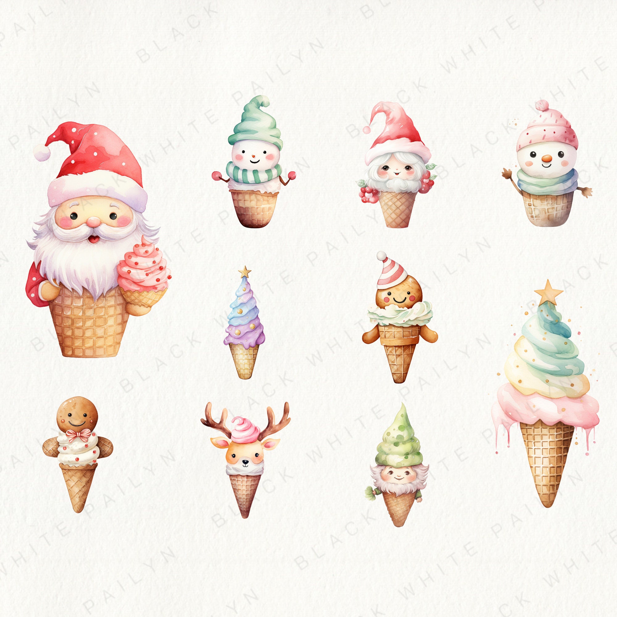 Christmas Ice Cream Cone ,watercolor, Sublimation, Santa Clipart ...