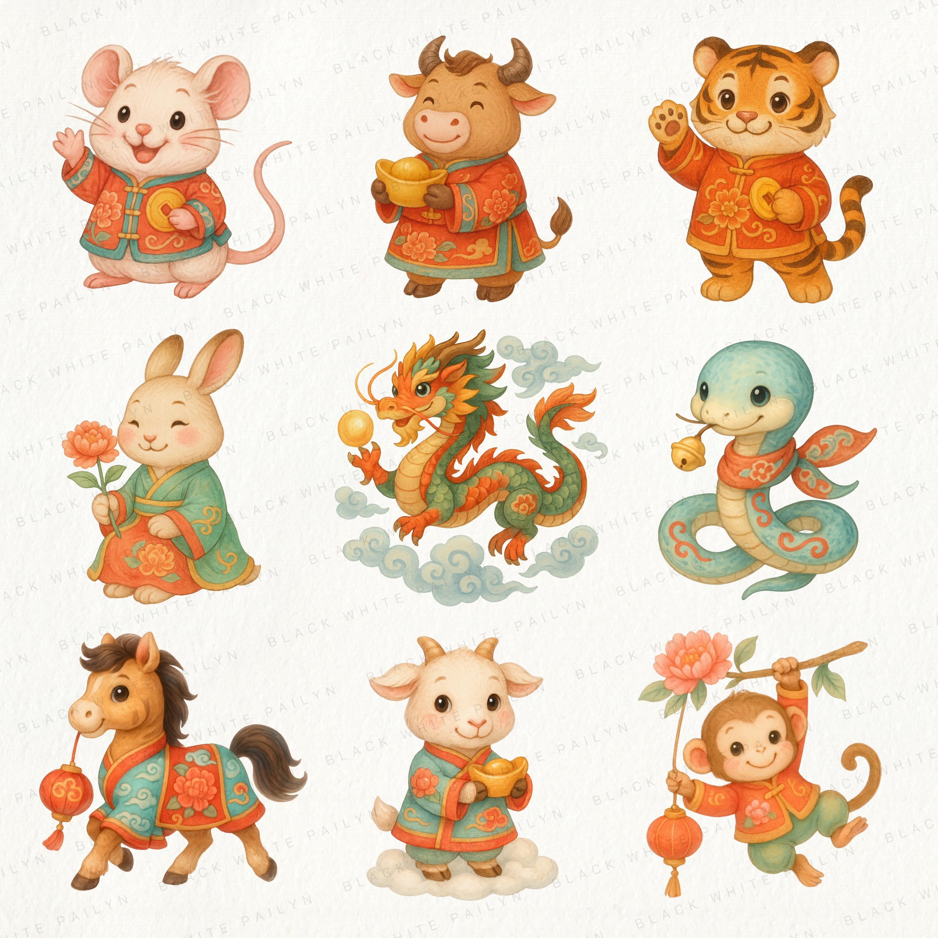 12 Chinese Zodiac Animal Clipart PNG Set, Cute Lunar New Year Zodiac ...
