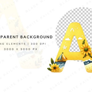 Yellow Summer Alphabet Decorated With Summer Elements,beach,sunflower ...