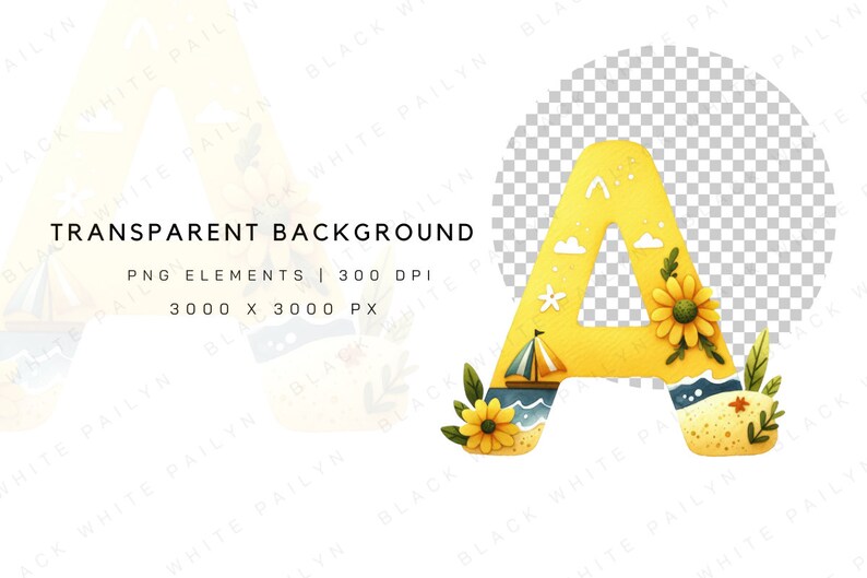 Yellow Summer Alphabet Decorated With Summer Elements,beach,sunflower ...