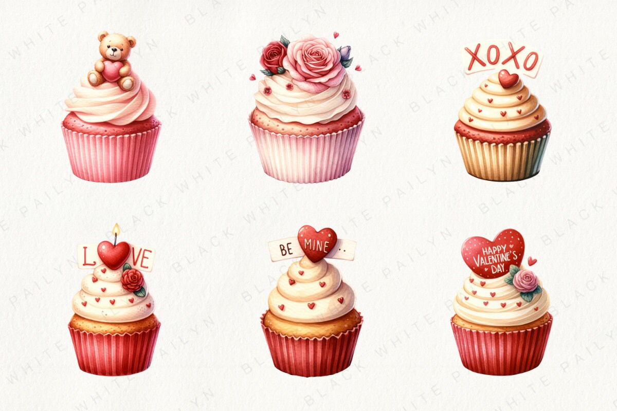 Valentines Cupcakes Clipart,valentines Clipart Bundle,watercolor ...