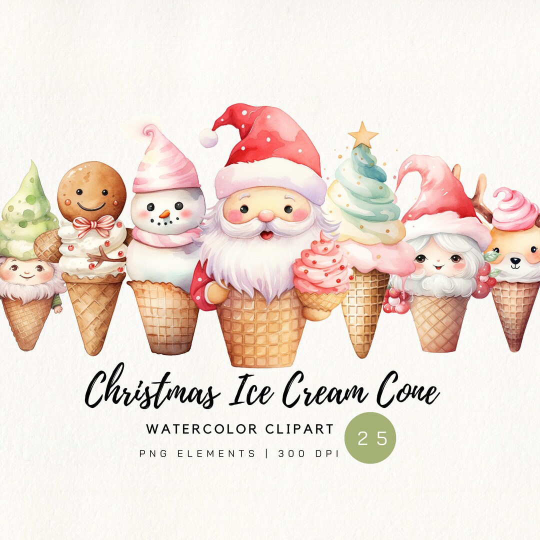 Christmas Ice Cream Cone ,watercolor, Sublimation, Santa Clipart ...