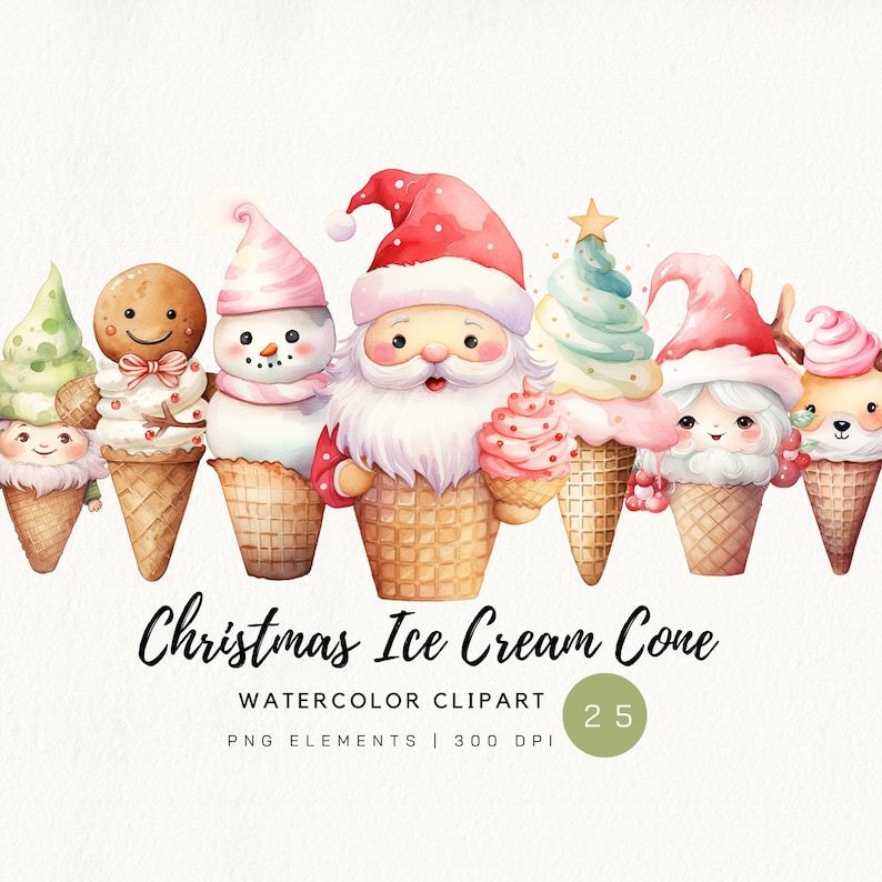 Christmas Ice Cream Cone ,watercolor, Sublimation, Santa Clipart ...