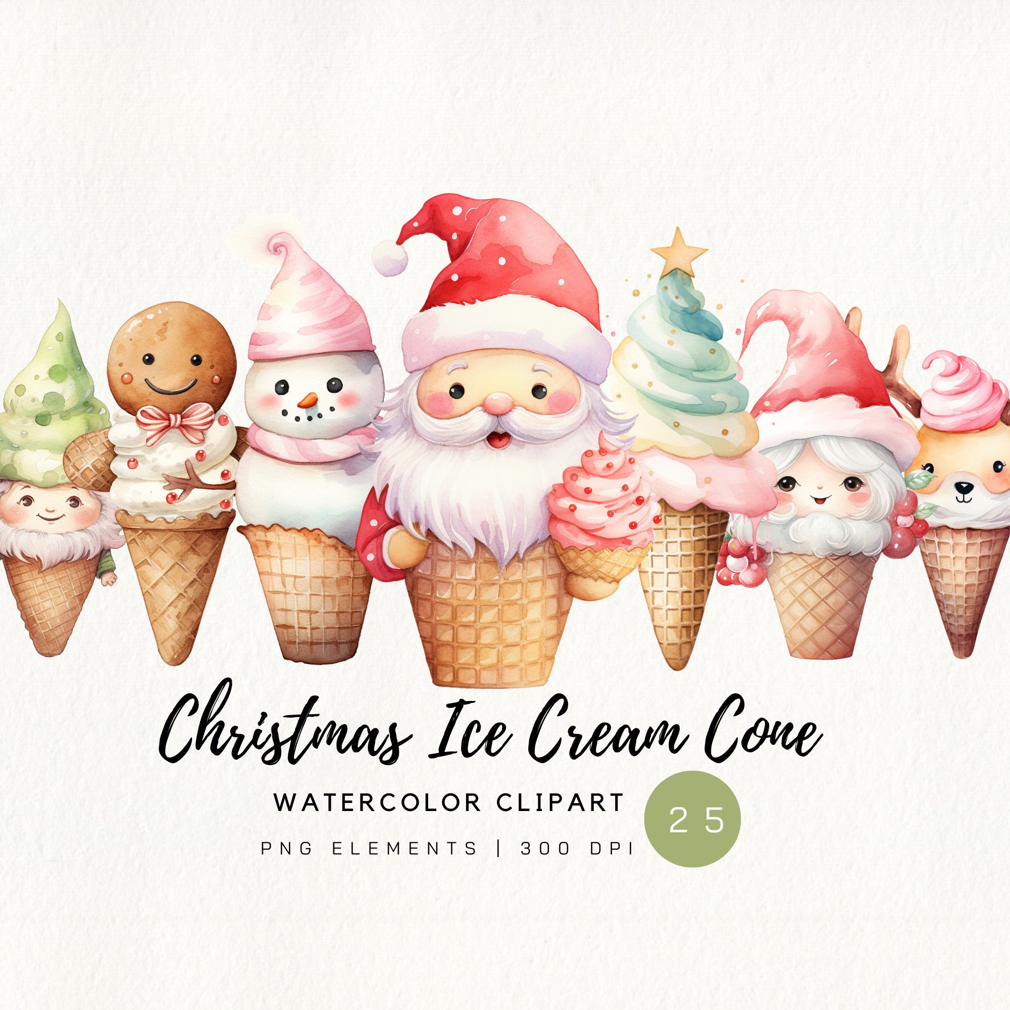 Christmas Ice Cream Cone ,watercolor, Sublimation, Santa Clipart ...