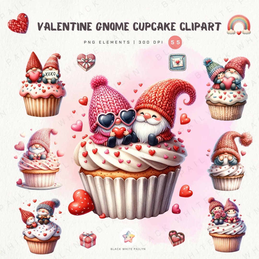 Valentine Gnome Cupcake Clipart,valentine Couple Gnomes, Valentine ...