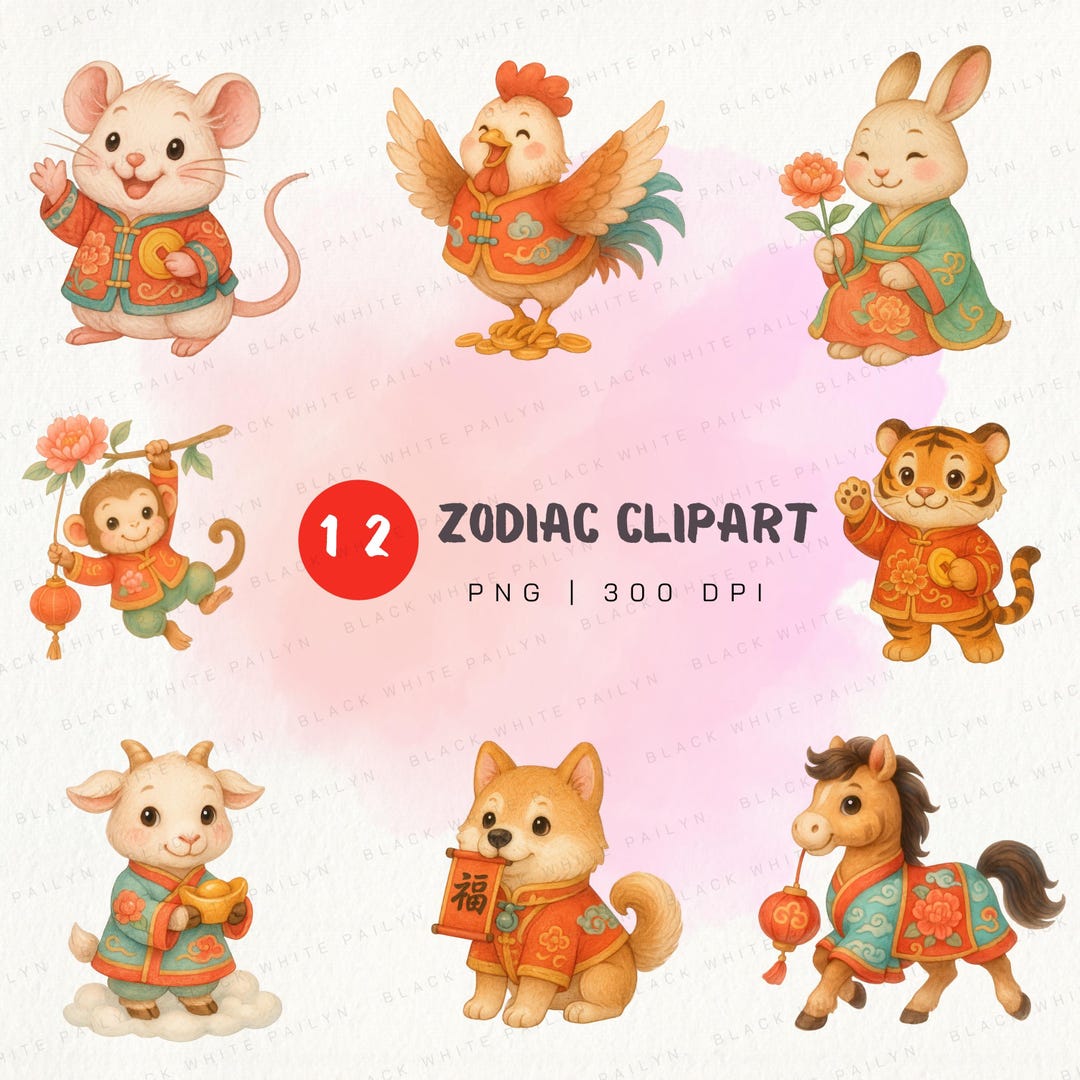 12 Chinese Zodiac Animal Clipart PNG Set, Cute Lunar New Year Zodiac ...