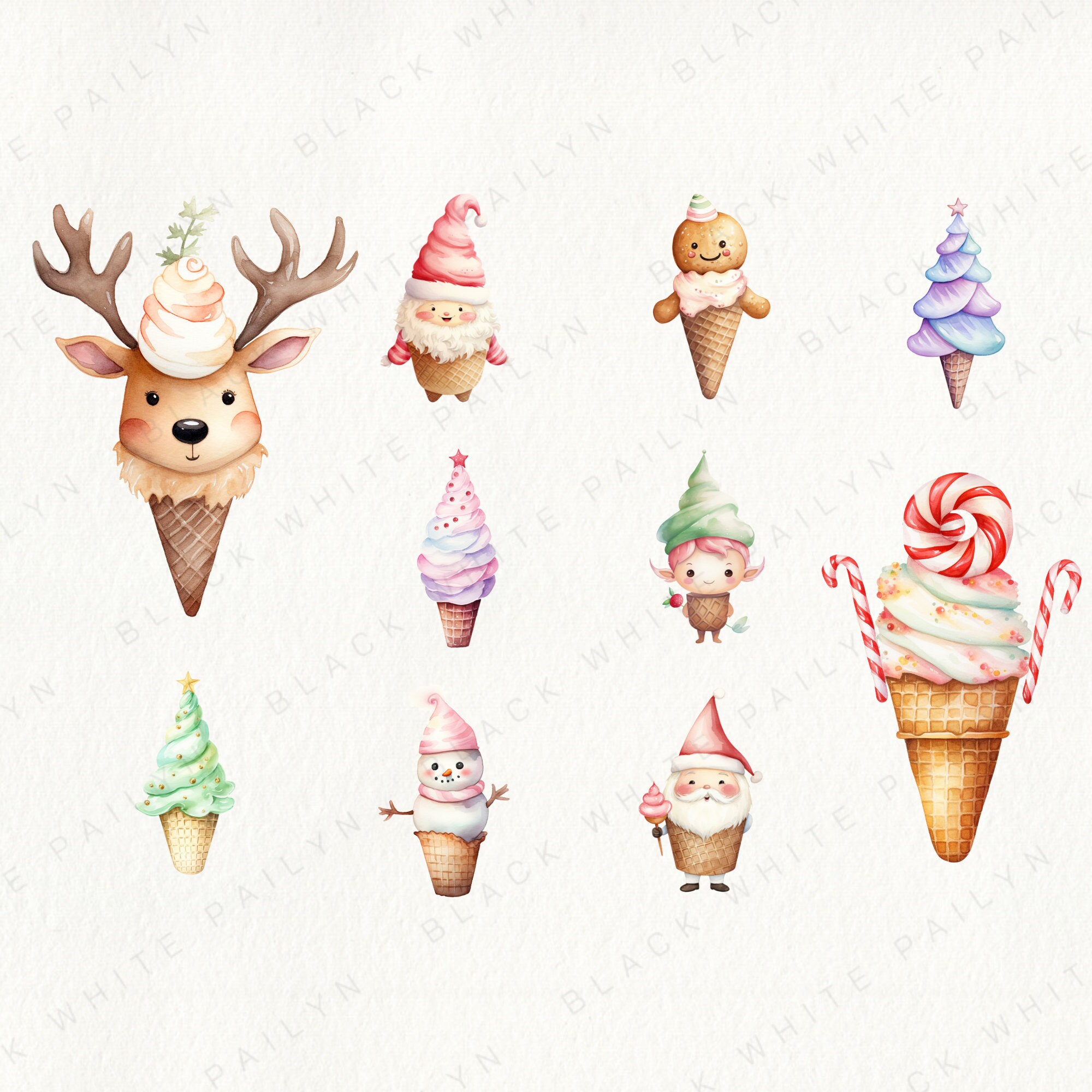 Christmas Ice Cream Cone ,watercolor, Sublimation, Santa Clipart ...