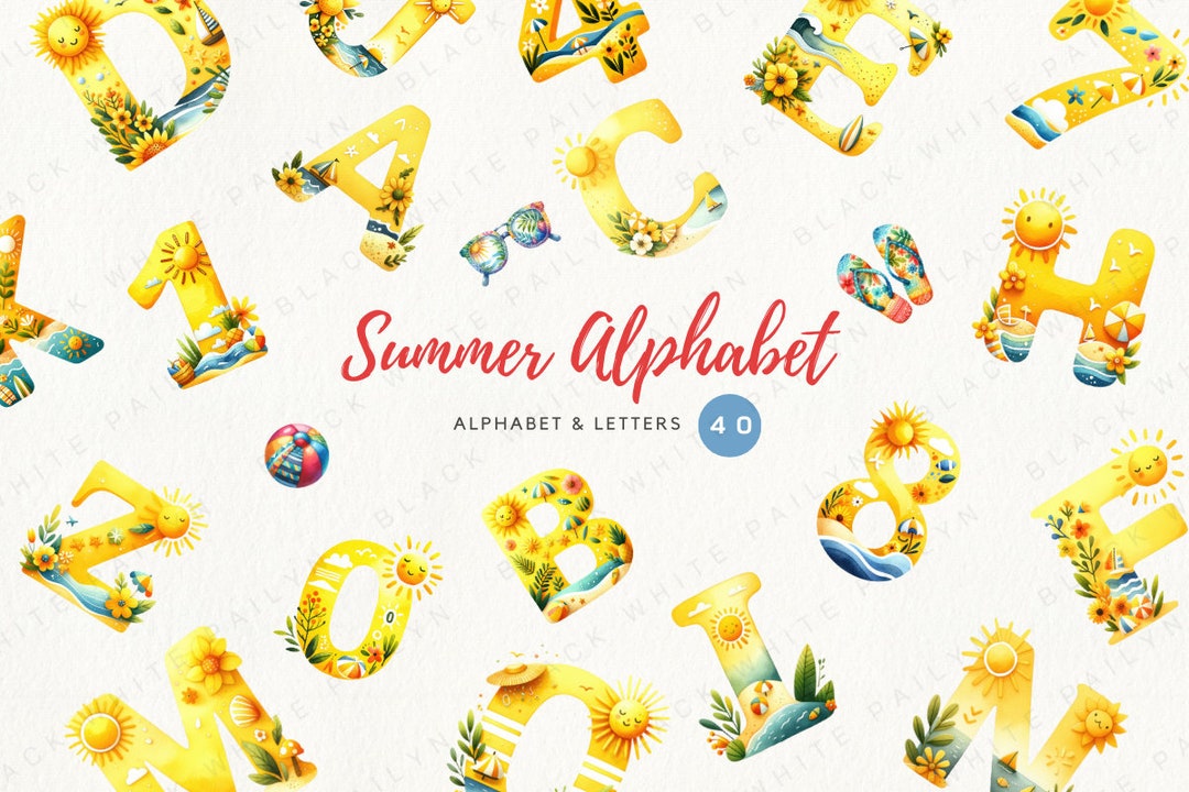 Yellow Summer Alphabet Decorated With Summer Elements,beach,sunflower ...