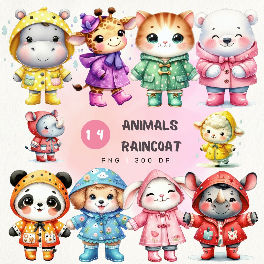 Cute Animal Clipart, Animal PNG, Animal in Raincoat Clipart,rainy Day ...