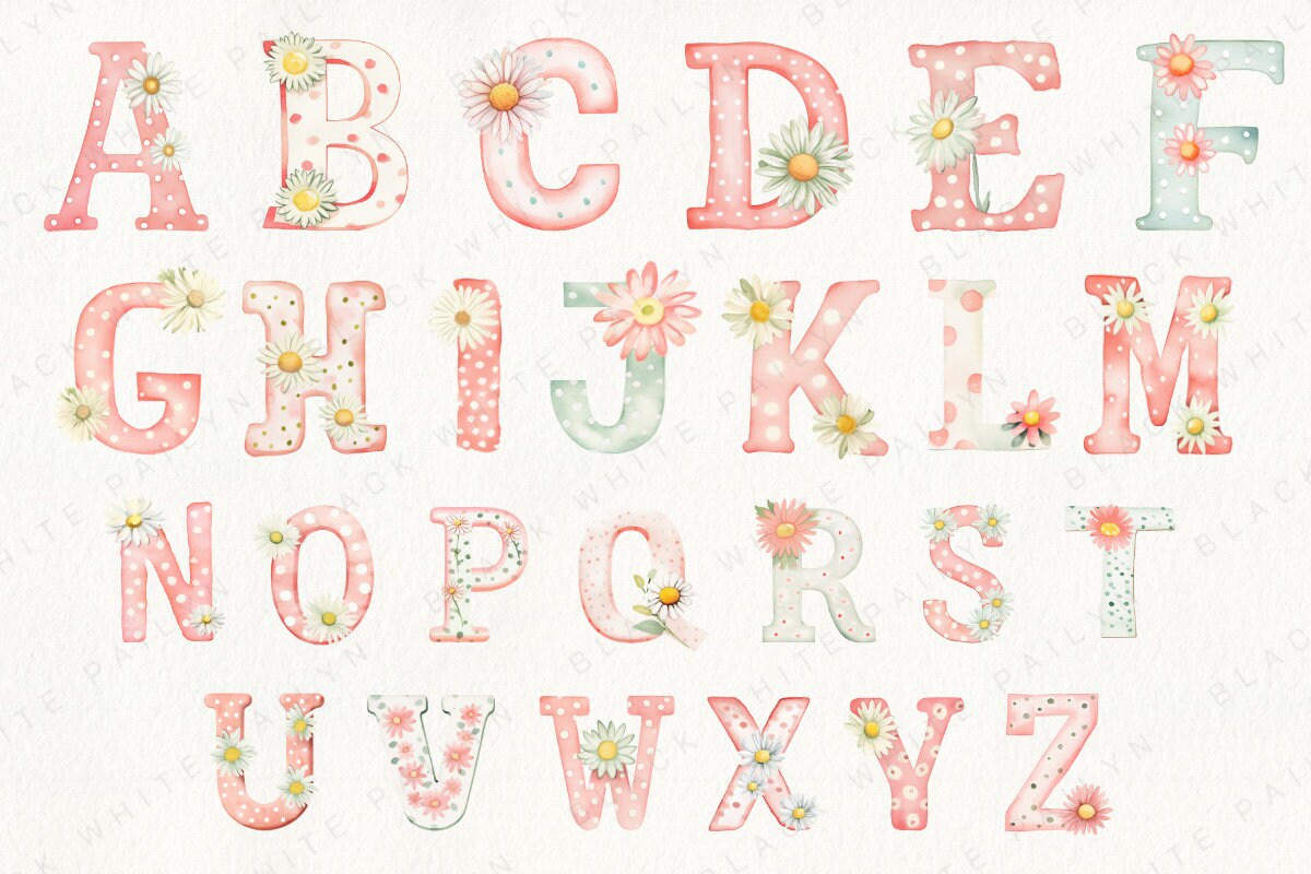 Daisy Watercolor Floral Pink Alphabet Clipart , Floral Alphabet,daisy ...