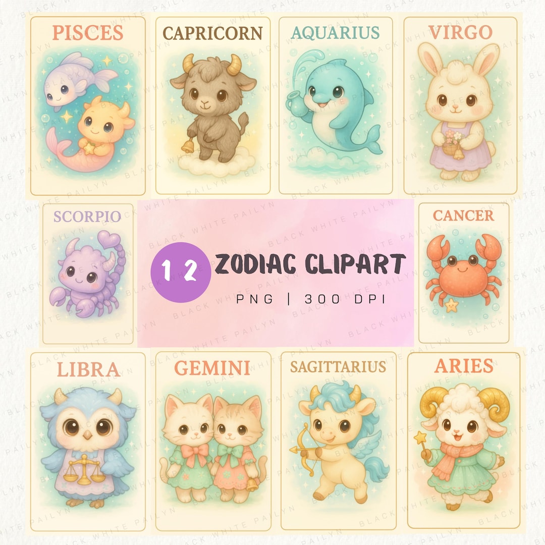 Cute Zodiac Clipart Bundle With 12 Adorable Astrology Animals PNG Files ...
