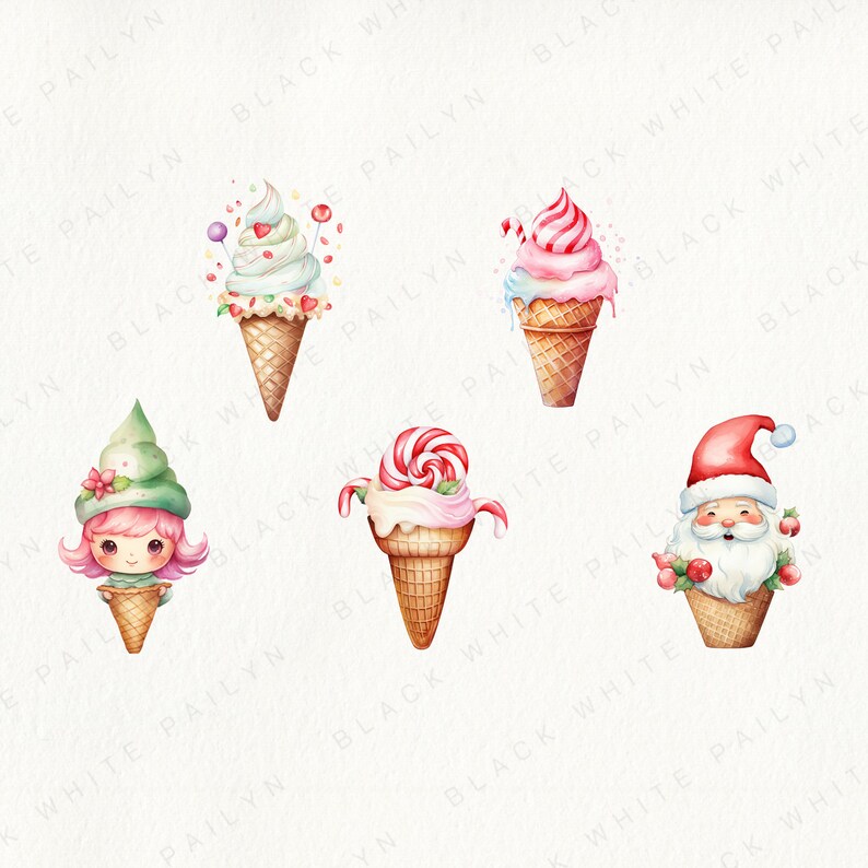Christmas Ice Cream Cone ,watercolor, Sublimation, Santa Clipart ...
