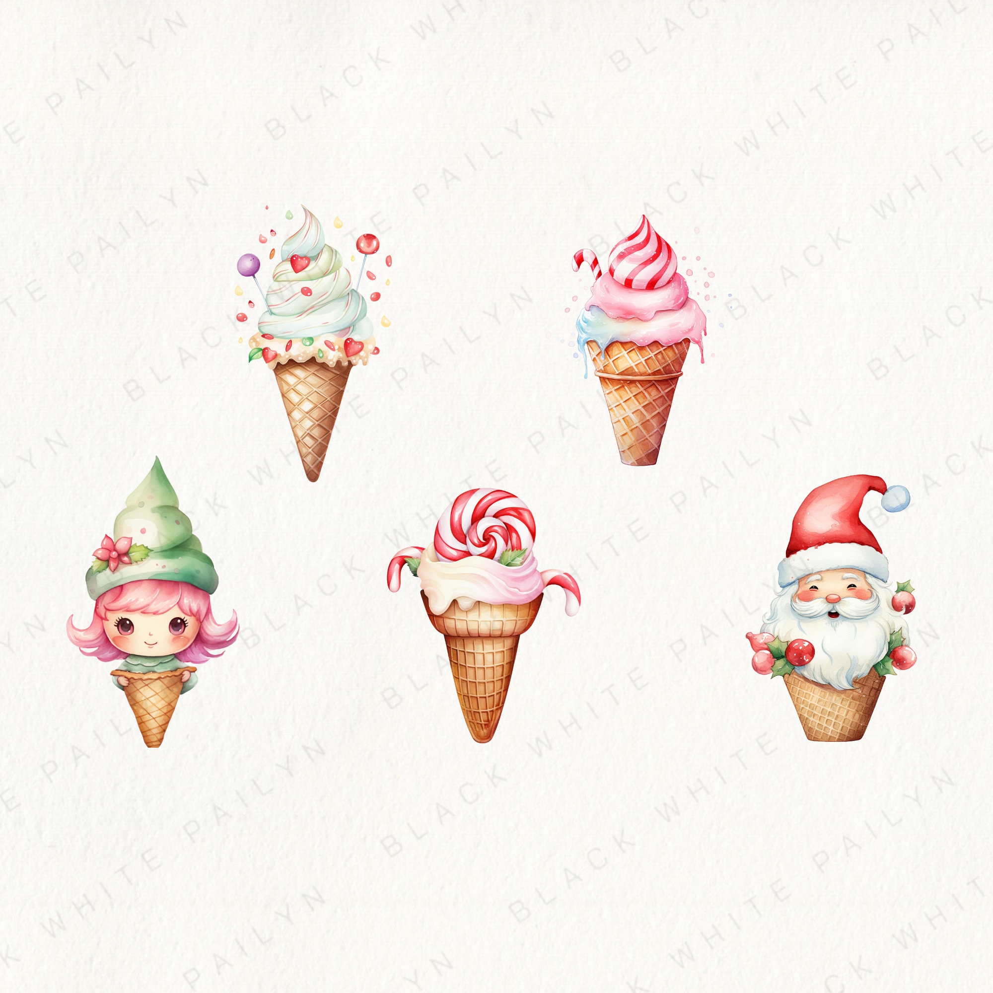 Christmas Ice Cream Cone ,watercolor, Sublimation, Santa Clipart ...