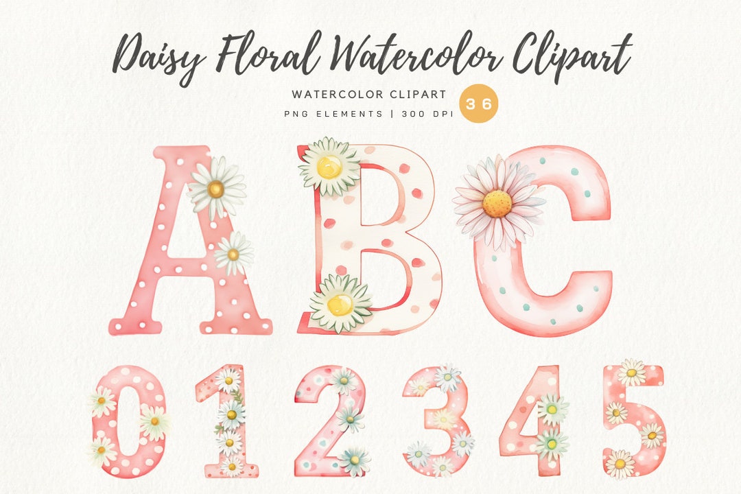 Daisy Watercolor Floral Pink Alphabet Clipart , Floral Alphabet,daisy ...