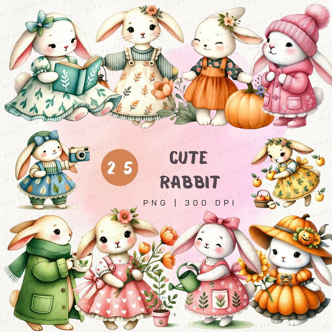 Adorable Watercolor Rabbit Clipart Set, Cute Bunny Illustrations for ...