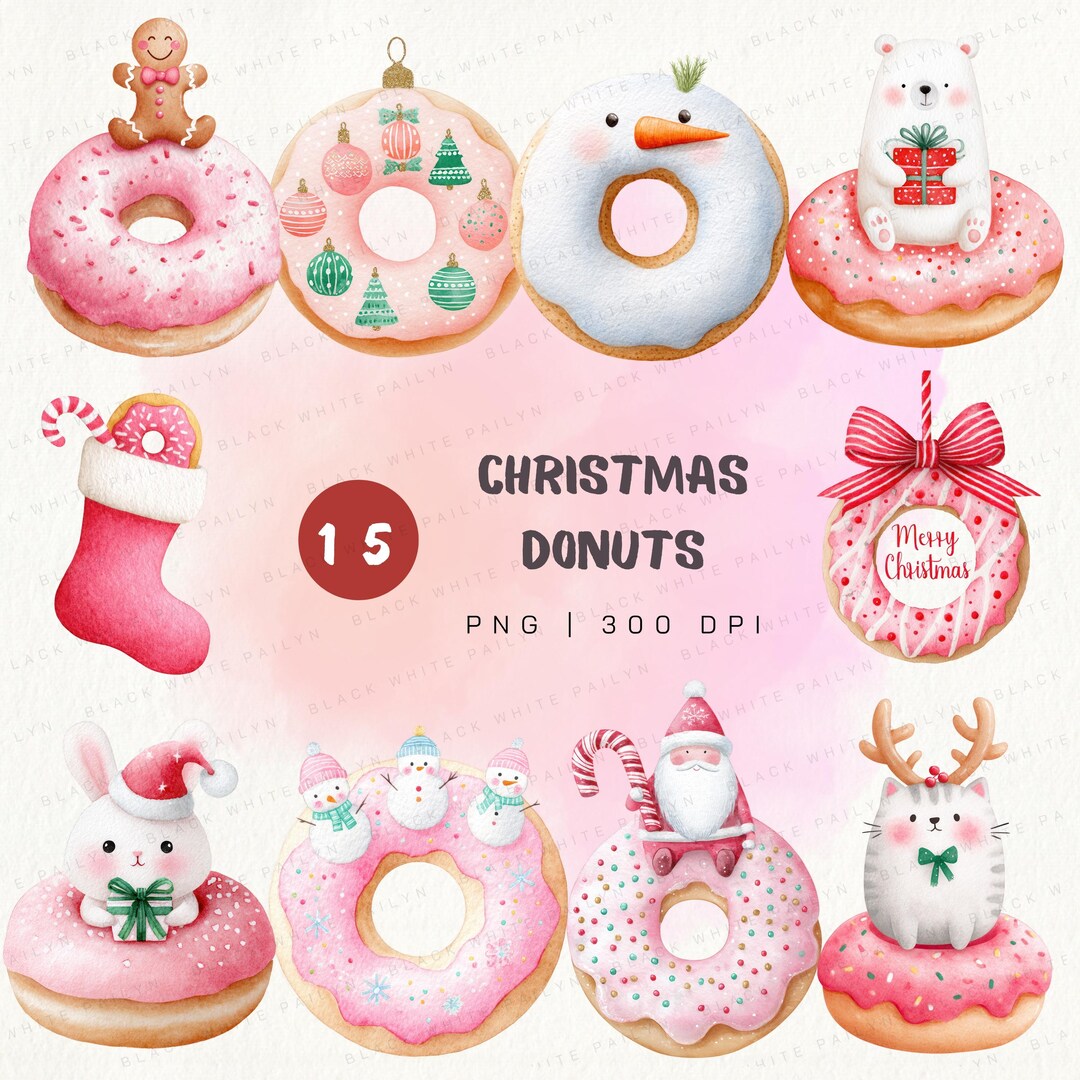 Christmas Donut Clipart Bundle PNG Set of 15 Cute Holiday Donuts With ...