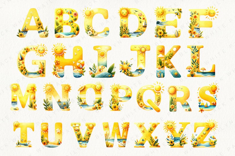 Yellow Summer Alphabet Decorated With Summer Elements,beach,sunflower ...