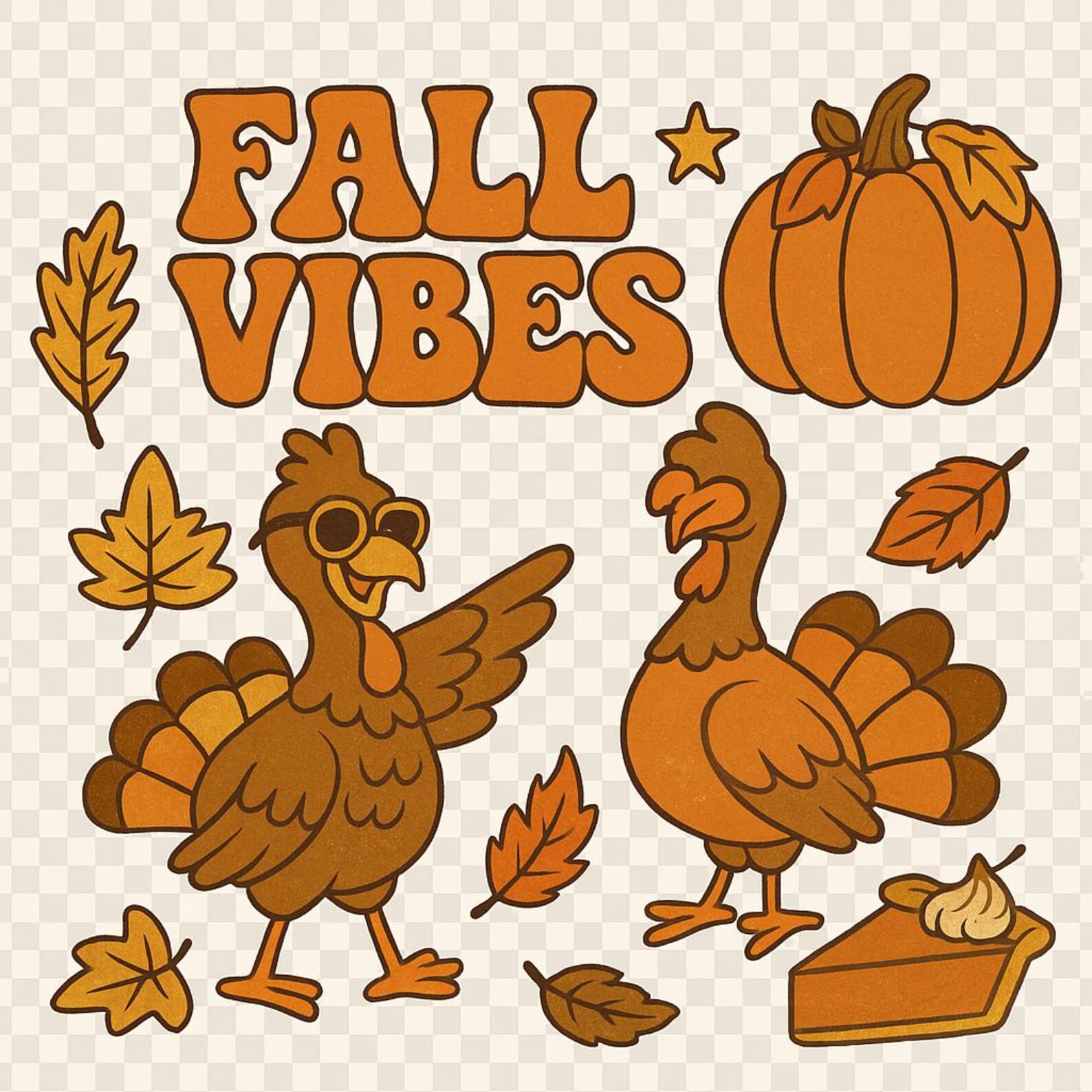 Retro Thanksgiving Clipart Bundle - Vintage Fall Vibes & Thankful PNG ...