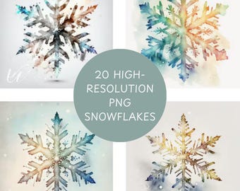 20 Watercolor Winter PNG Snowflakes, Christmas Clipart, Commercial Use ...