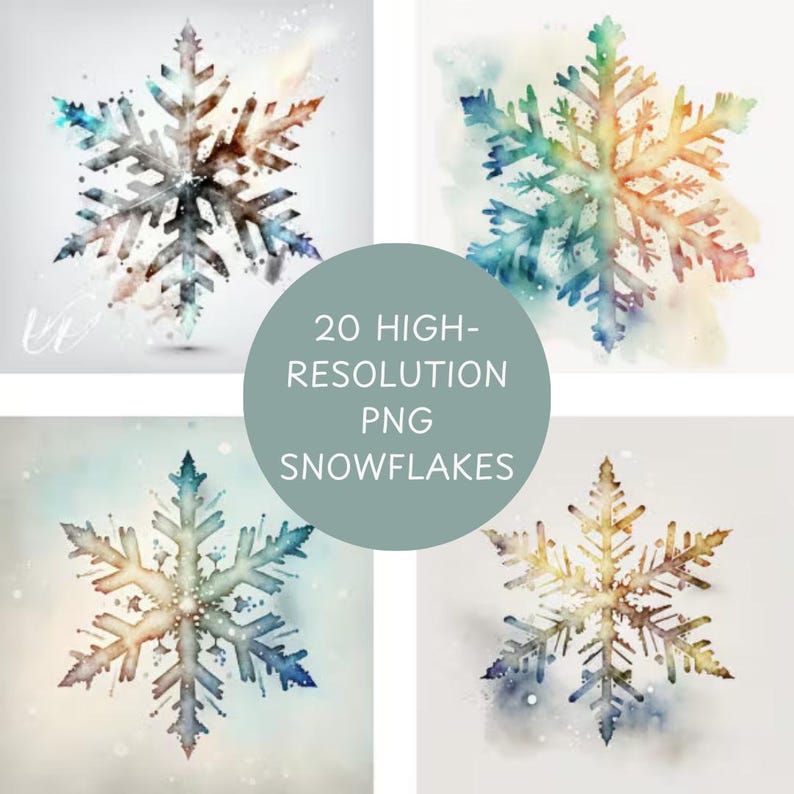 20 Watercolor Winter PNG Snowflakes, Christmas Clipart, Commercial Use ...