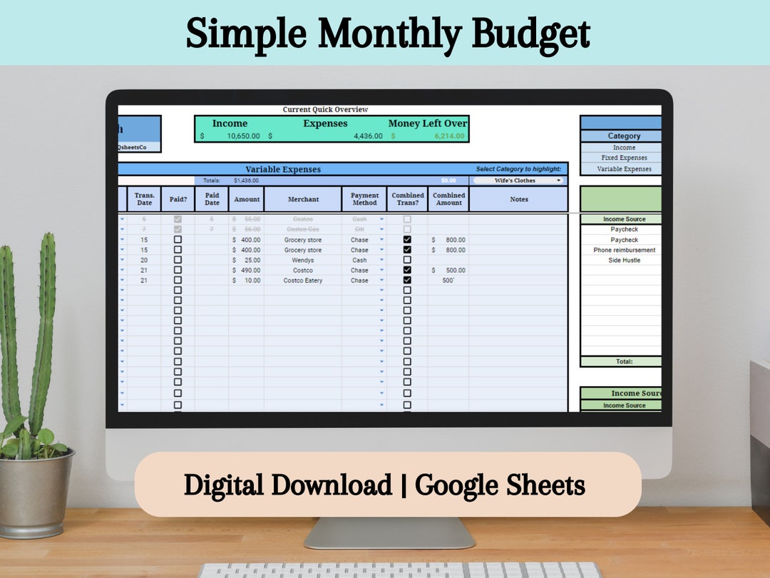 Simple Monthly Budget Income Template Google Sheets Paycheck Planner ...